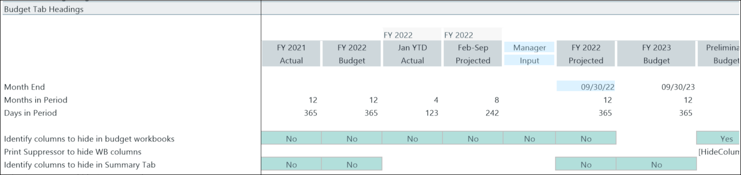 Configure Budget Tab Headings