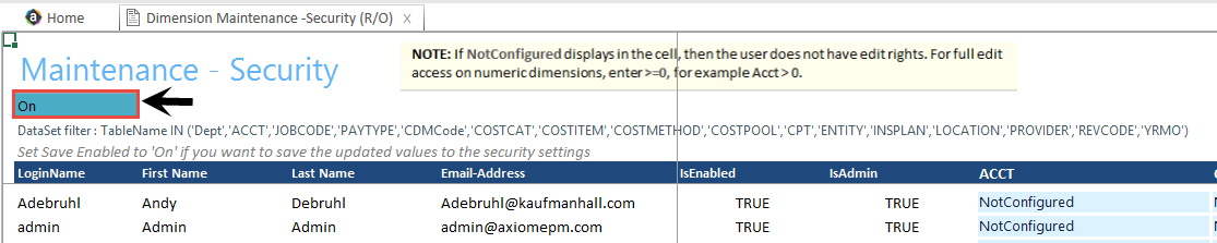 Edit the security rights for a user