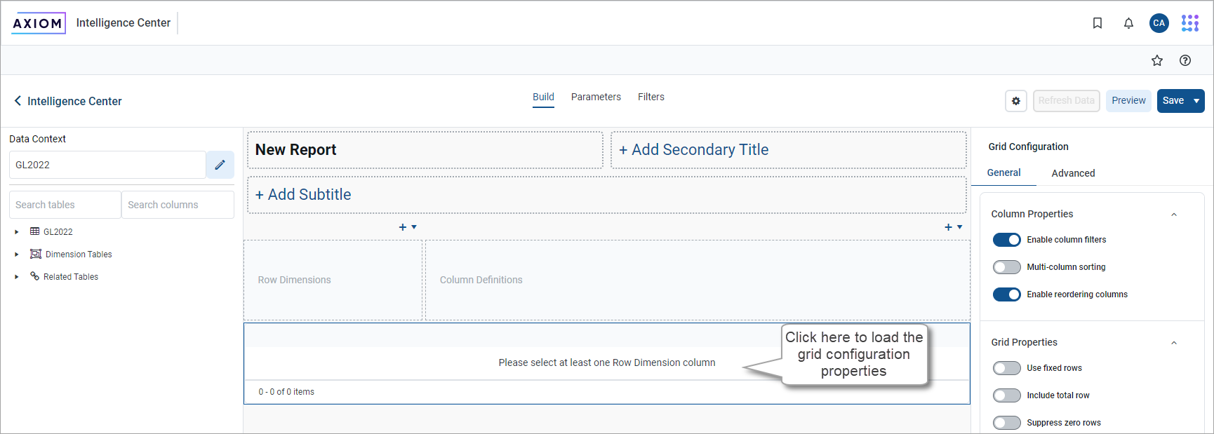 Specify the fixed row structure for a web report