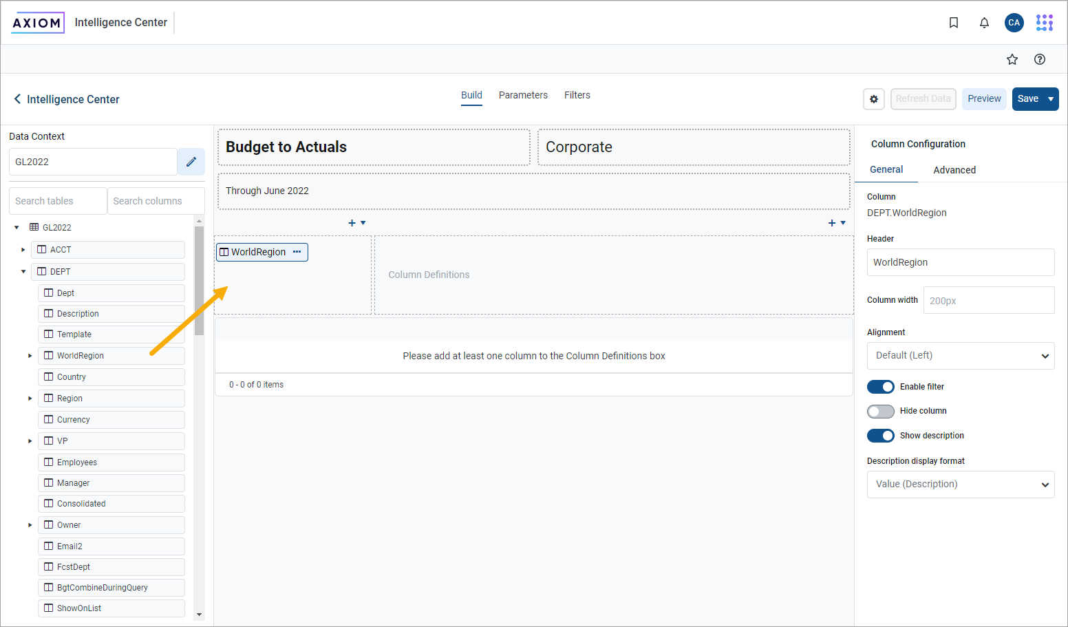 Specify the row dimension for a web report