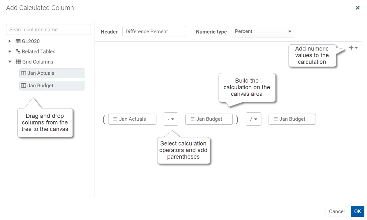 Add data columns and calculated columns to a web report