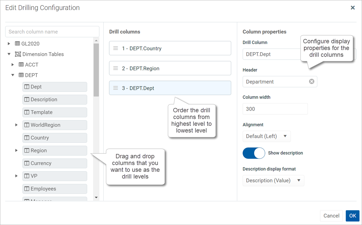Configure drilling for web reports